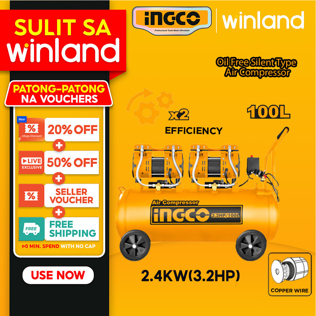 Ingco by Winland 2×1200W / (3.2HP) 100L Oil Free Silent Type Air ...
