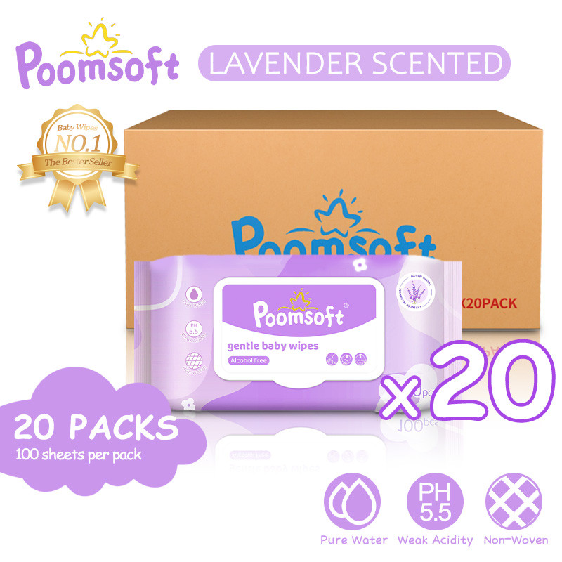 Poomsoft 20 Packs x 100 Sheet Baby Wipes Lavender Scent Gentle Alcohol ...