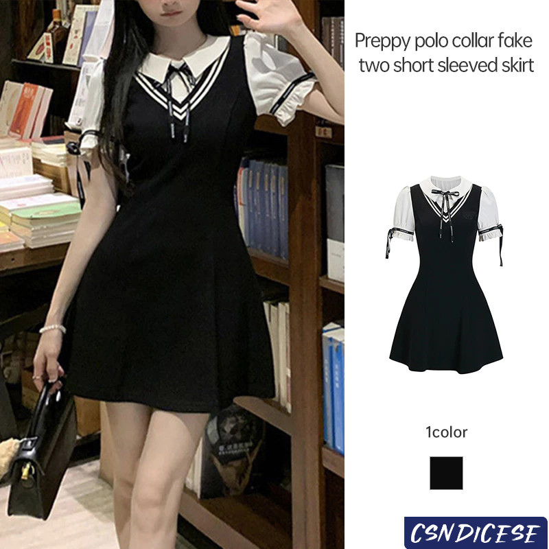 Preppy Style Dress Women Fake Two Piece Dress Polo Collar Short ...