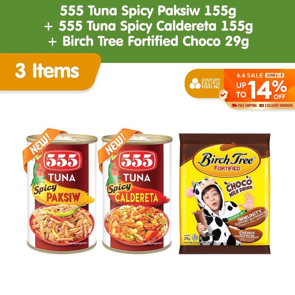 555 Tuna Spicy Paksiw 155g + 555 Tuna Spicy Caldereta 155g + Birch Tree ...