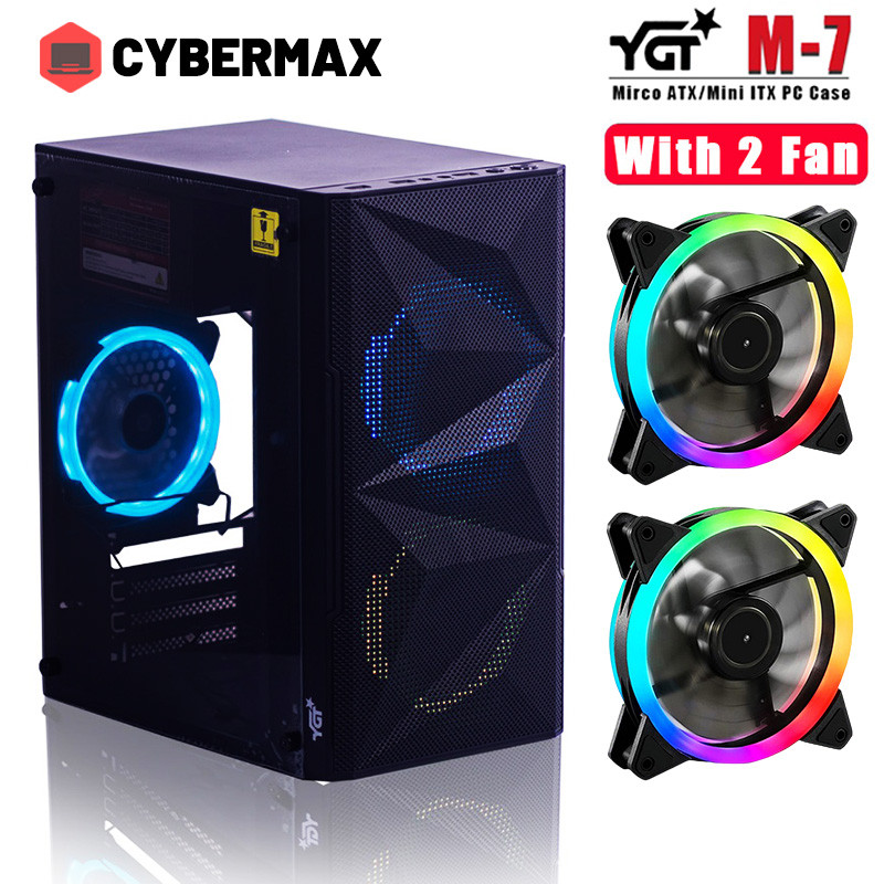 YGT Gaming PC Case With 2 Fans Tempered Glass Side Micro ATX Case ...