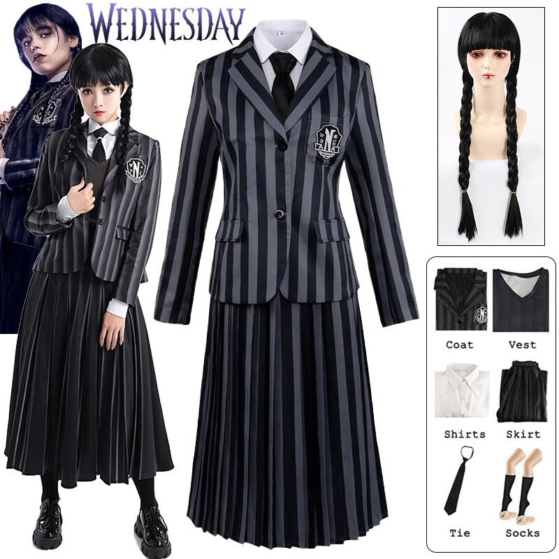 Movie The Addams Family Cosplay Costume Adult Kids Girl Wednesday ...