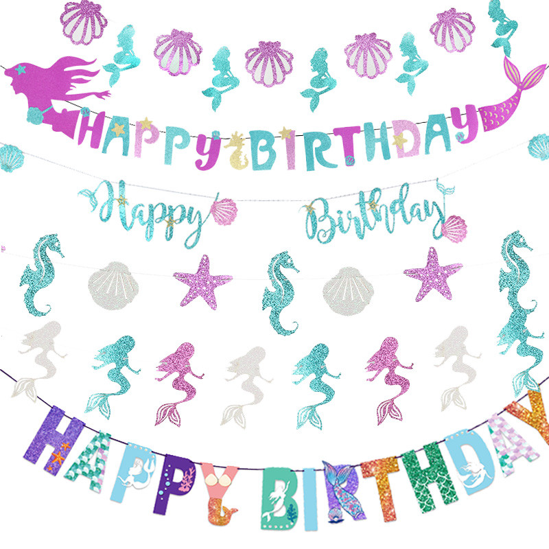 Happy Birthday Banner Mermaid Party Decor Mermaid Tail Shell Bunting ...