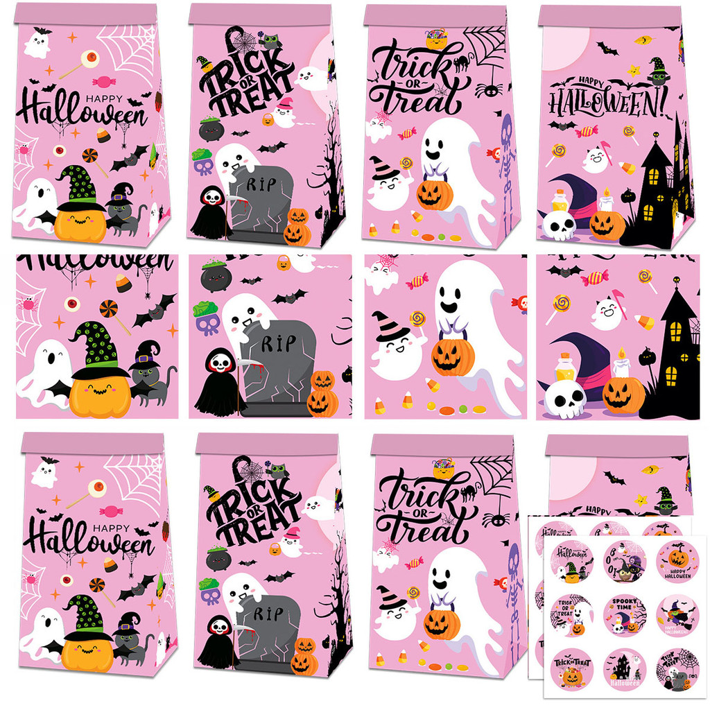 12 Pack Pink Halloween Candy Bags Snacks Paper Bag Packaging with ...