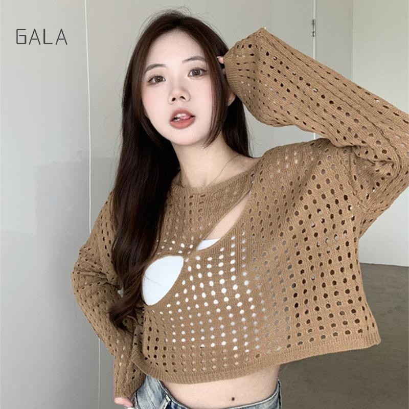 Hollow Tops for Women Summer Suspender Outer Blouse Loose Long-sleeved ...