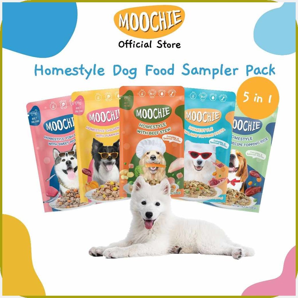 Moochie{c,Homestyle[dU!Wet[Um!Adult[Hg!Dog[Dd!Food[aT!5[Pn!Flavors[cV!in 1 Sampler Bundle 120g ...