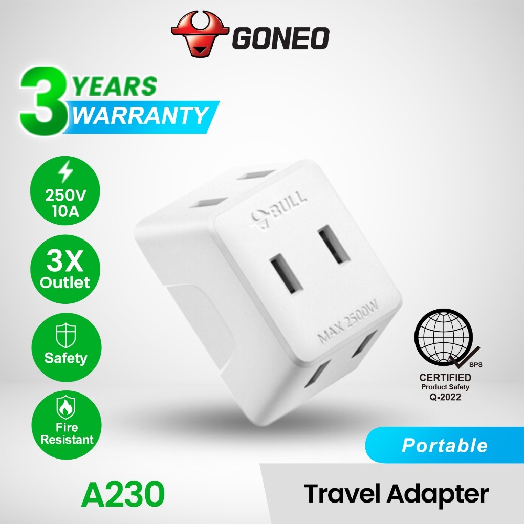 Bull A230 High Quality Travel Adapter Plug, ABS Plastic 3 Gang Plug ...