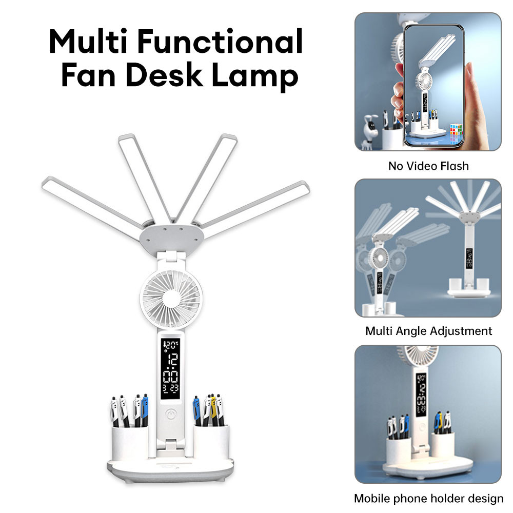 3in1 Multifunction Lamp LED Four-headed Folding With Fan Calendar Clock ...