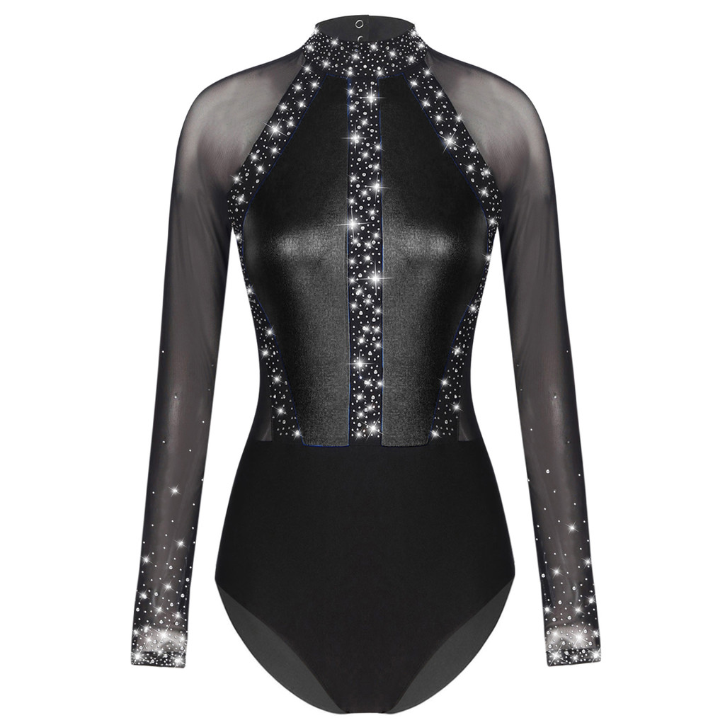 Yartina Womens Sparkling Rhinestones Leotard Sheer Mesh Long Sleeve ...