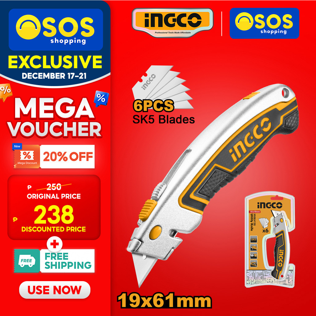 Ingco Original Utility Knife with SK5 (6pcs blade) HUK6128 •OSOS ...