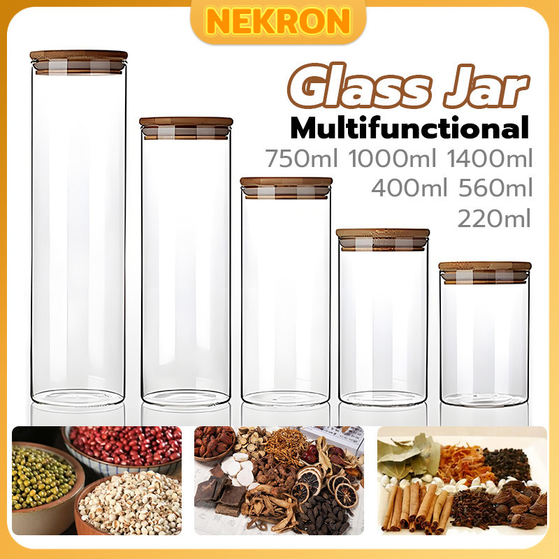 NEK Glass Jar Food Storage Container Wooden Cover Airtight Kitchen ...