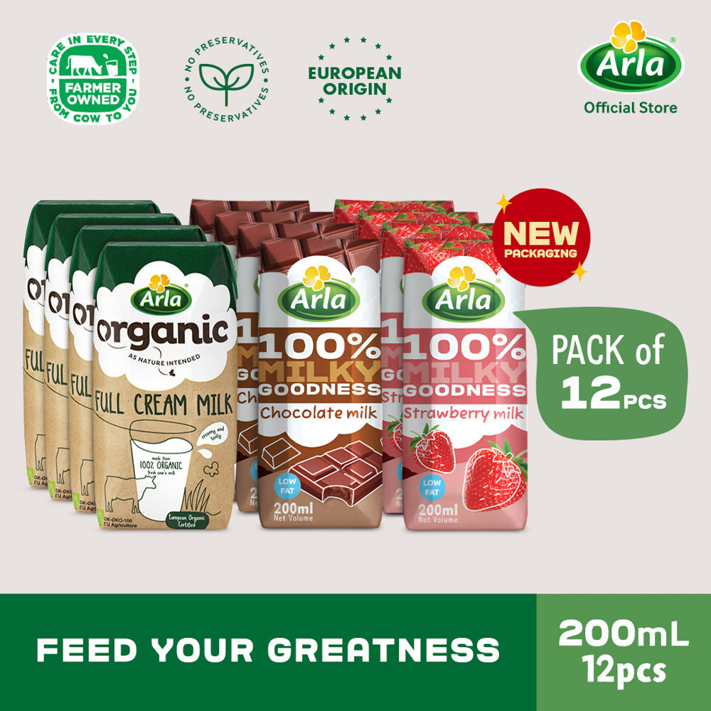 Arla Chocolate, Strawberry, and Organic Full Cream Milk 200ml 12-Pack ...