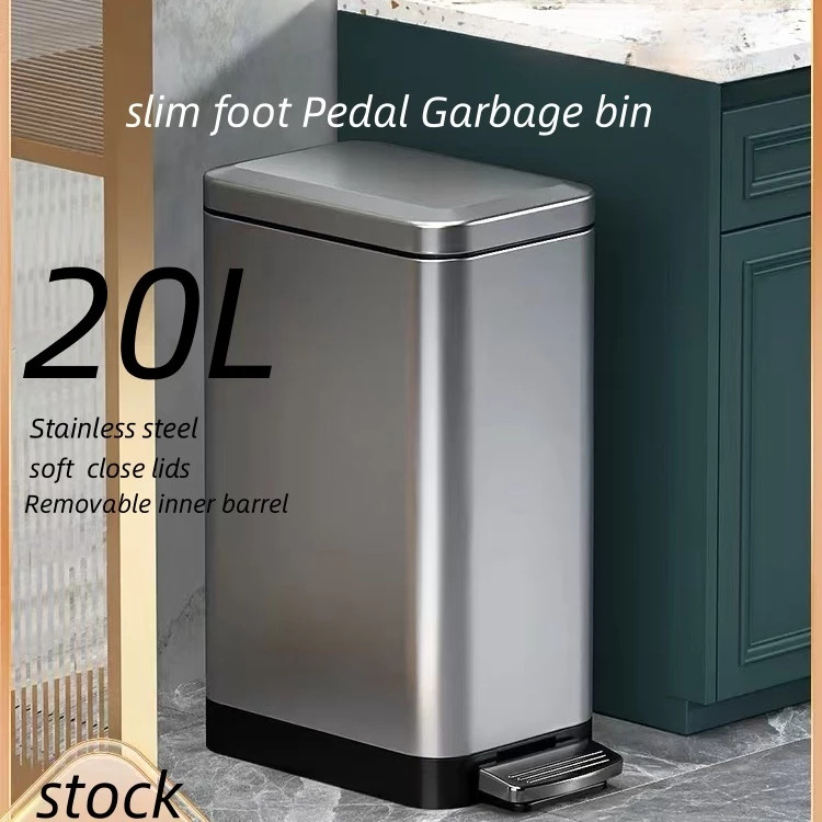 20L Square stainless metal bathroom trash bin with pedal soft close ...