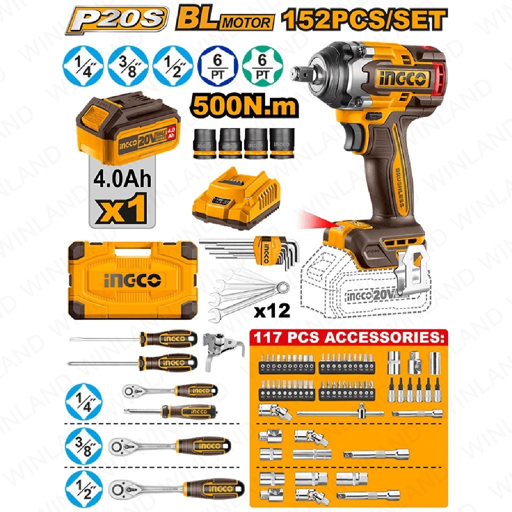 Ingco by Winland P20S/20V 152PCS Tool Set with Lithium-Ion Cordless ...