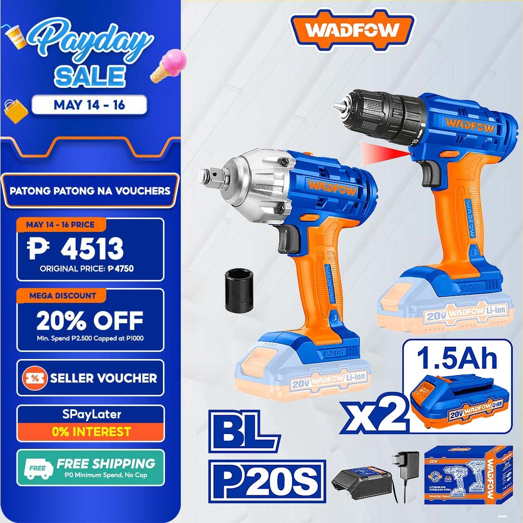 Wadfow P20 Series Li-Ion 20V Combo Kit - Cordless Drill & Brushless ...