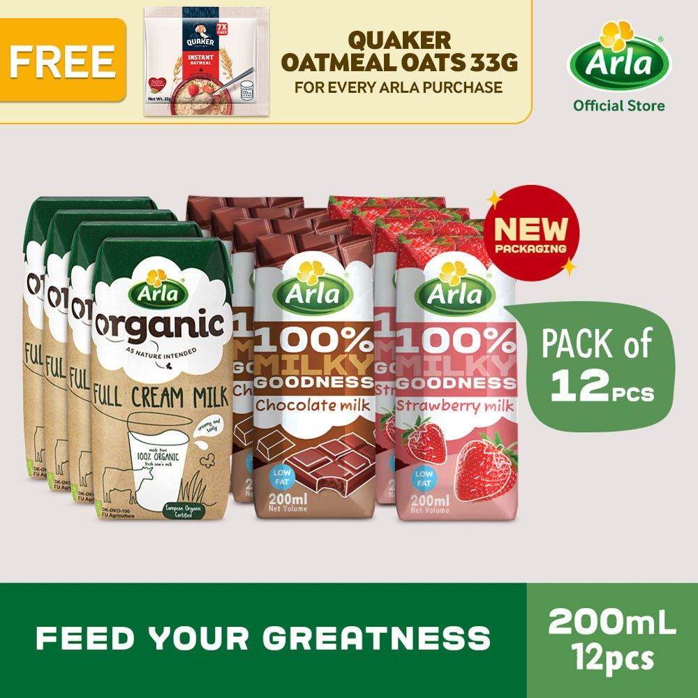 Arla Chocolate, Strawberry, and Organic Full Cream Milk 200ml 12-Pack ...