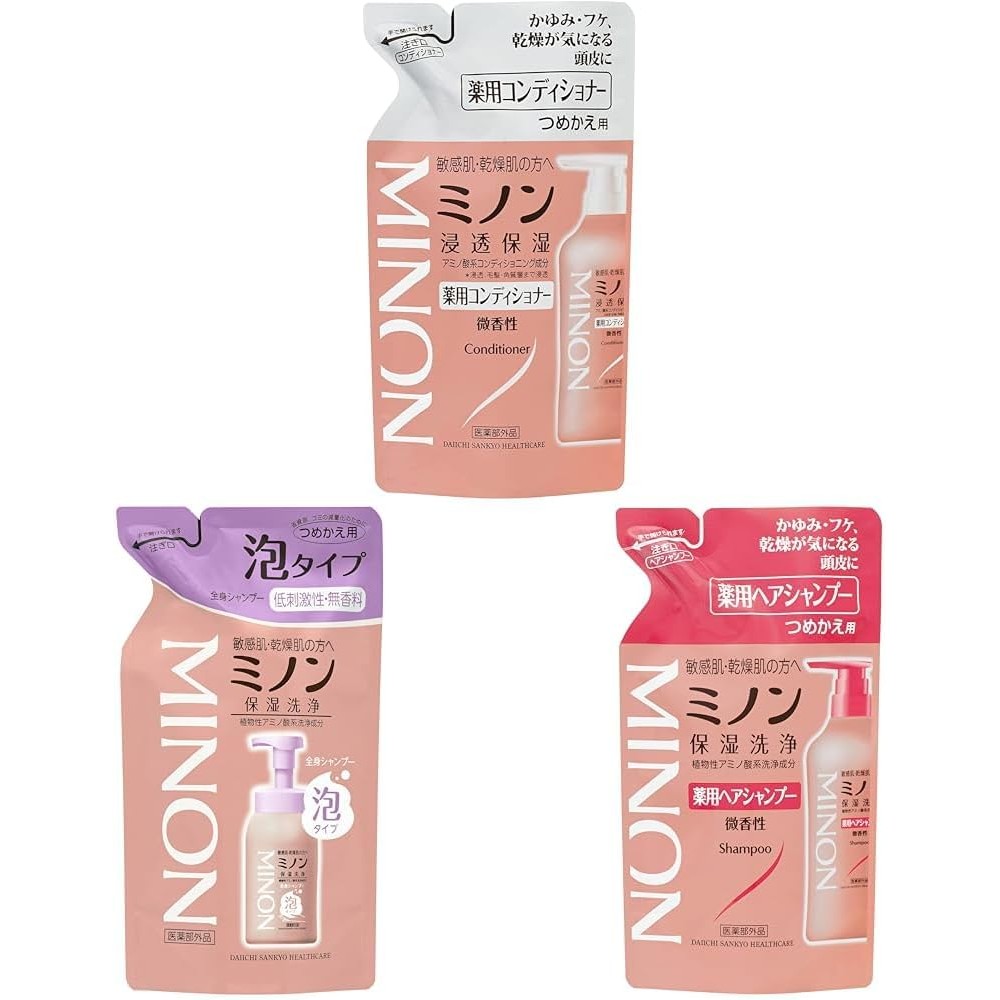Minon Medicated Conditioner Refill, 12.8 fl oz (380 ml) + MINON Whole Body Shampoo, Foam Type ...