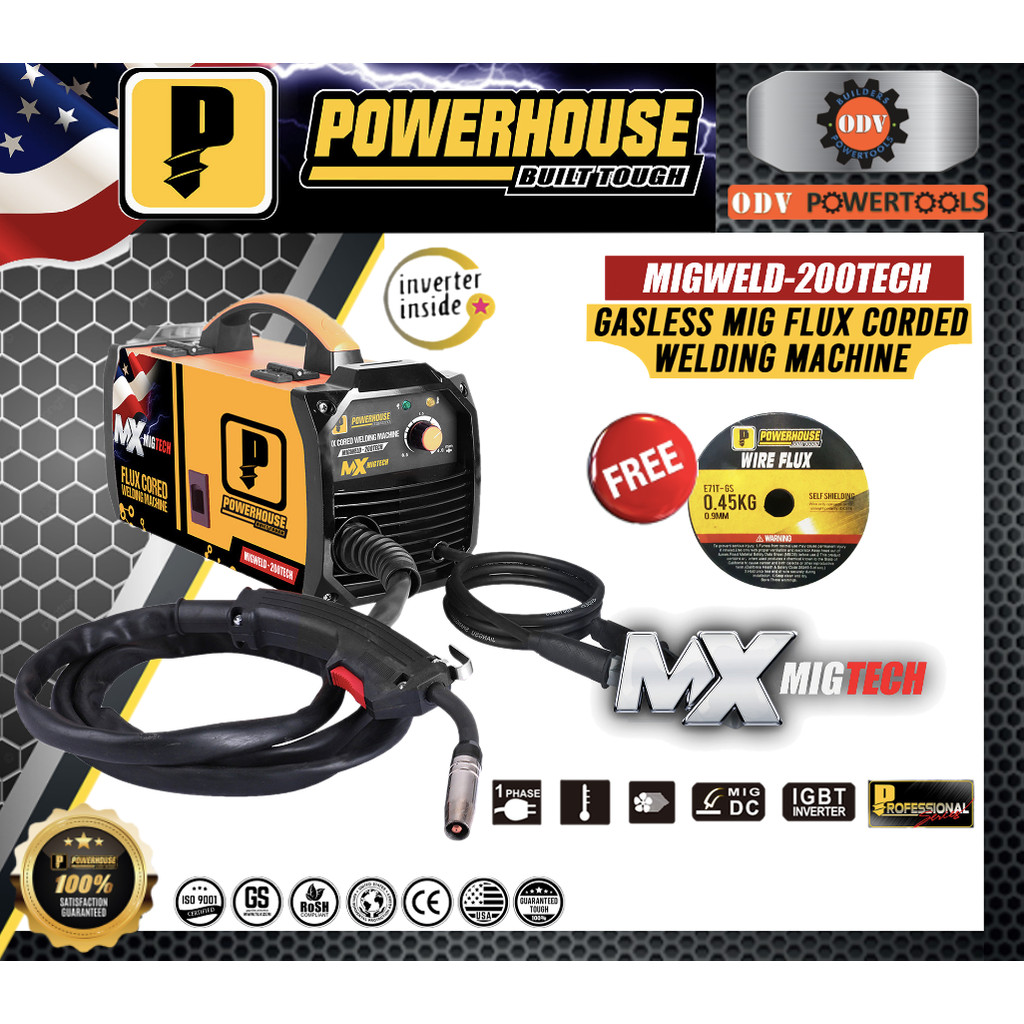POWERHOUSE MIGWELD-200TECH Gasless MIG Weld Flux Cored Inverter Welding ...