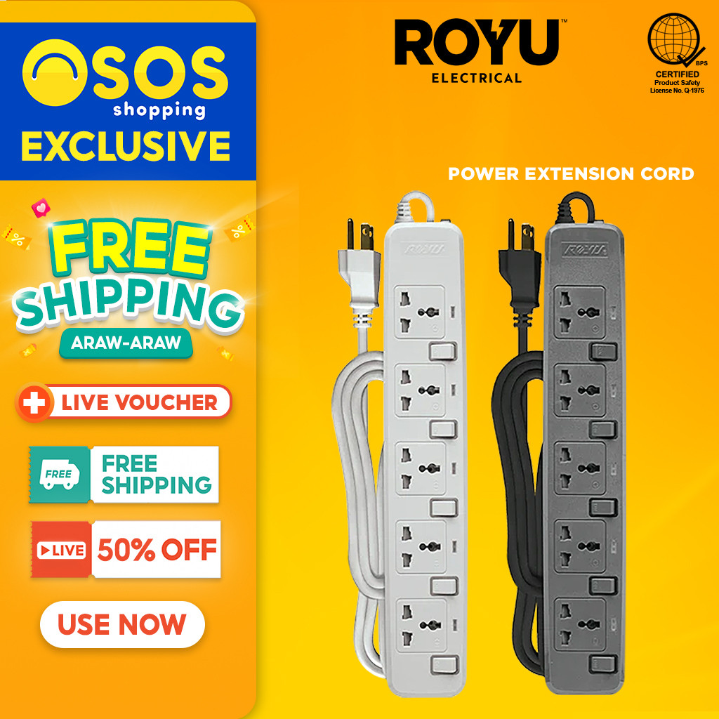 Royu Power Extension Cord 5 Outlets with Individual Switches 2 meters ...