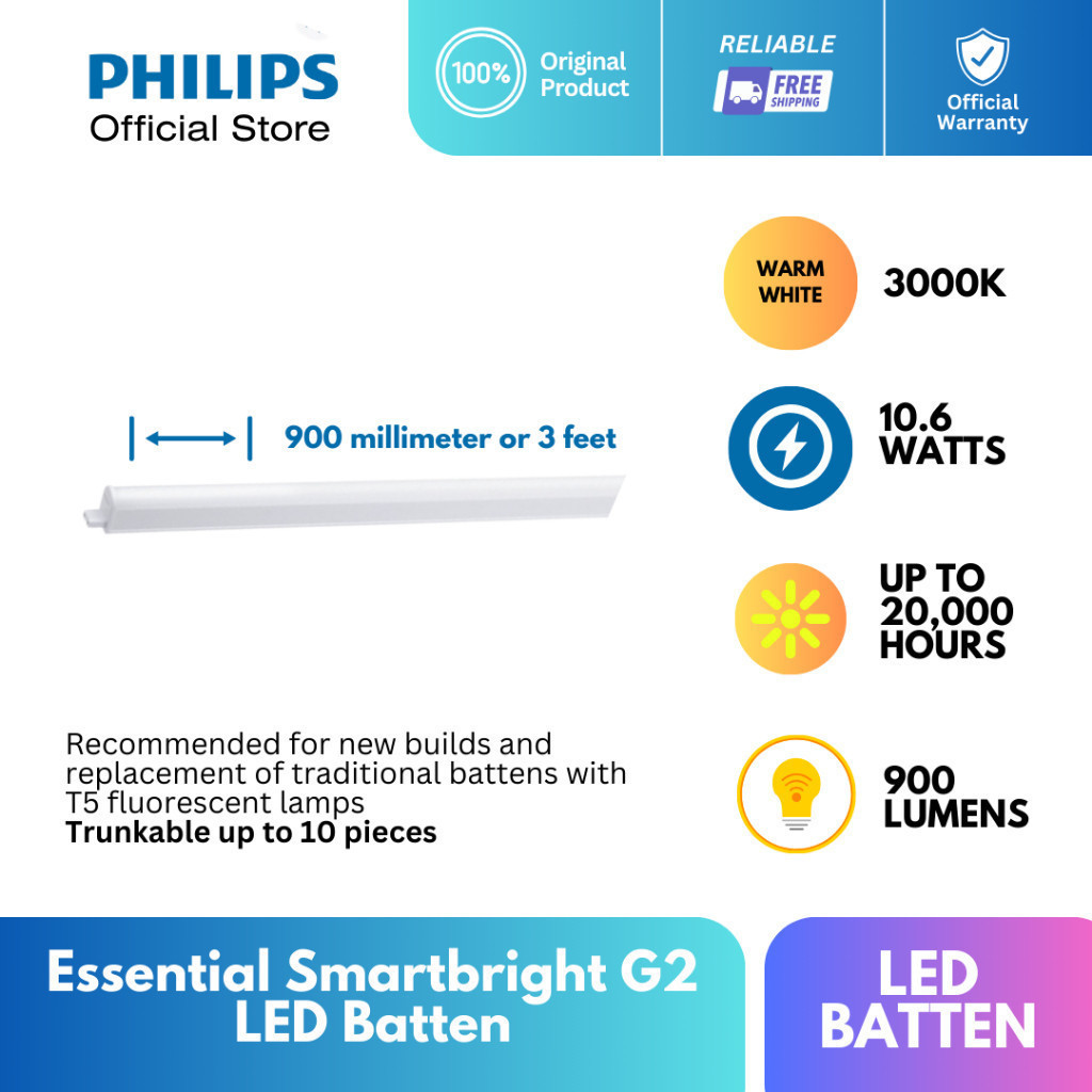Philips Essential SmartBright LED Batten 10.6 Watts Energy Efficient | Shopee Philippines