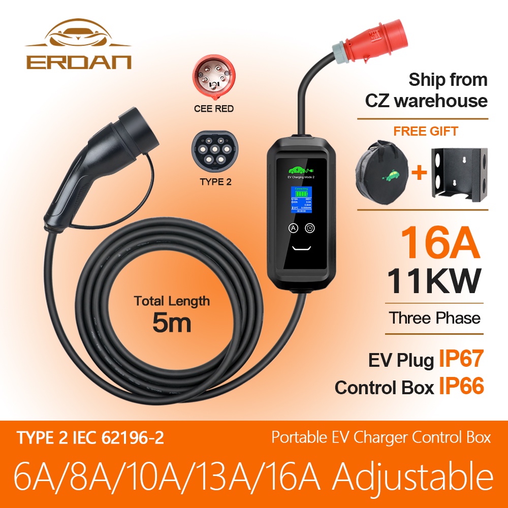 ☯ERDAN 16A 3 Phase EV Portable Charger Type2 EV Charging Wallbox IEC 62196 11KW EVSE Charging Bo ...