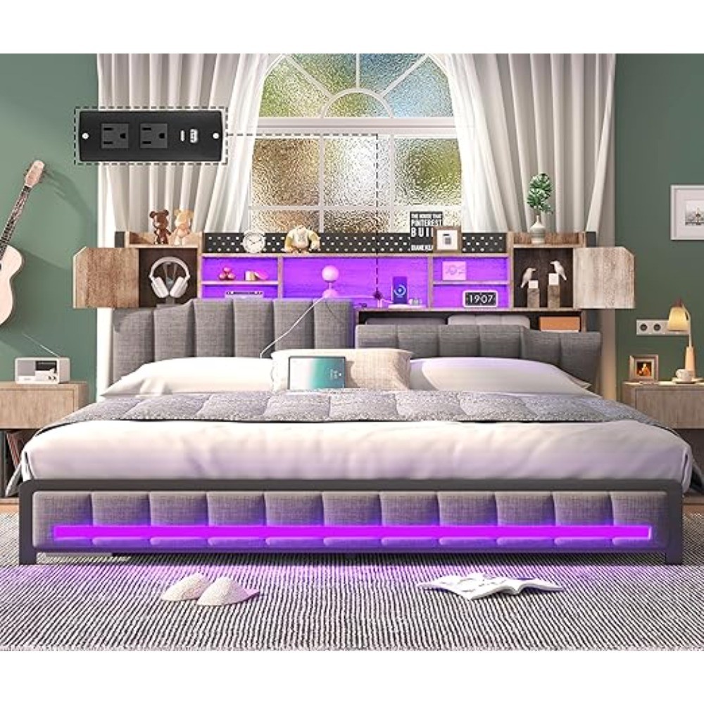 ۩Bed Frame and Bookcase Storage Headboard, LED Upholstered Bed Frame ...
