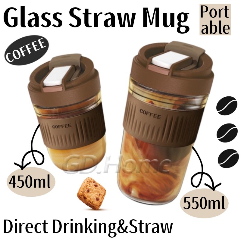 GD 450/550ML Glass Travel Coffee Mug Reusable Coffee Cup with Lid and Straw Portable To Go Iced ...