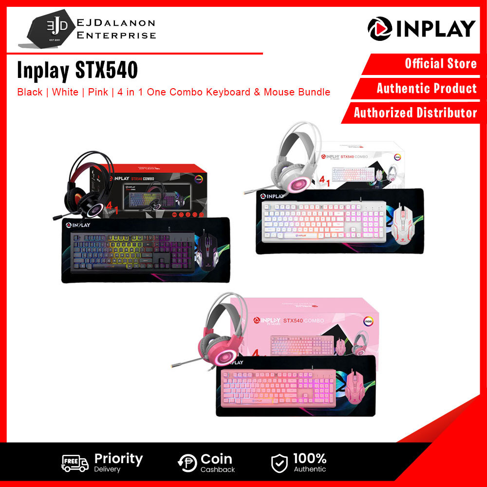 INPLAY Stx540 Black/ Pink / White 4 In 1 One Combo Headset Keyboard ...