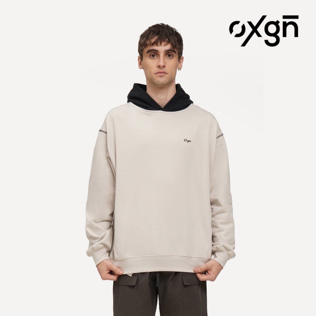 OXGN Color Block Relaxed Hoodie For Men (Bone/Black) | Shopee Philippines