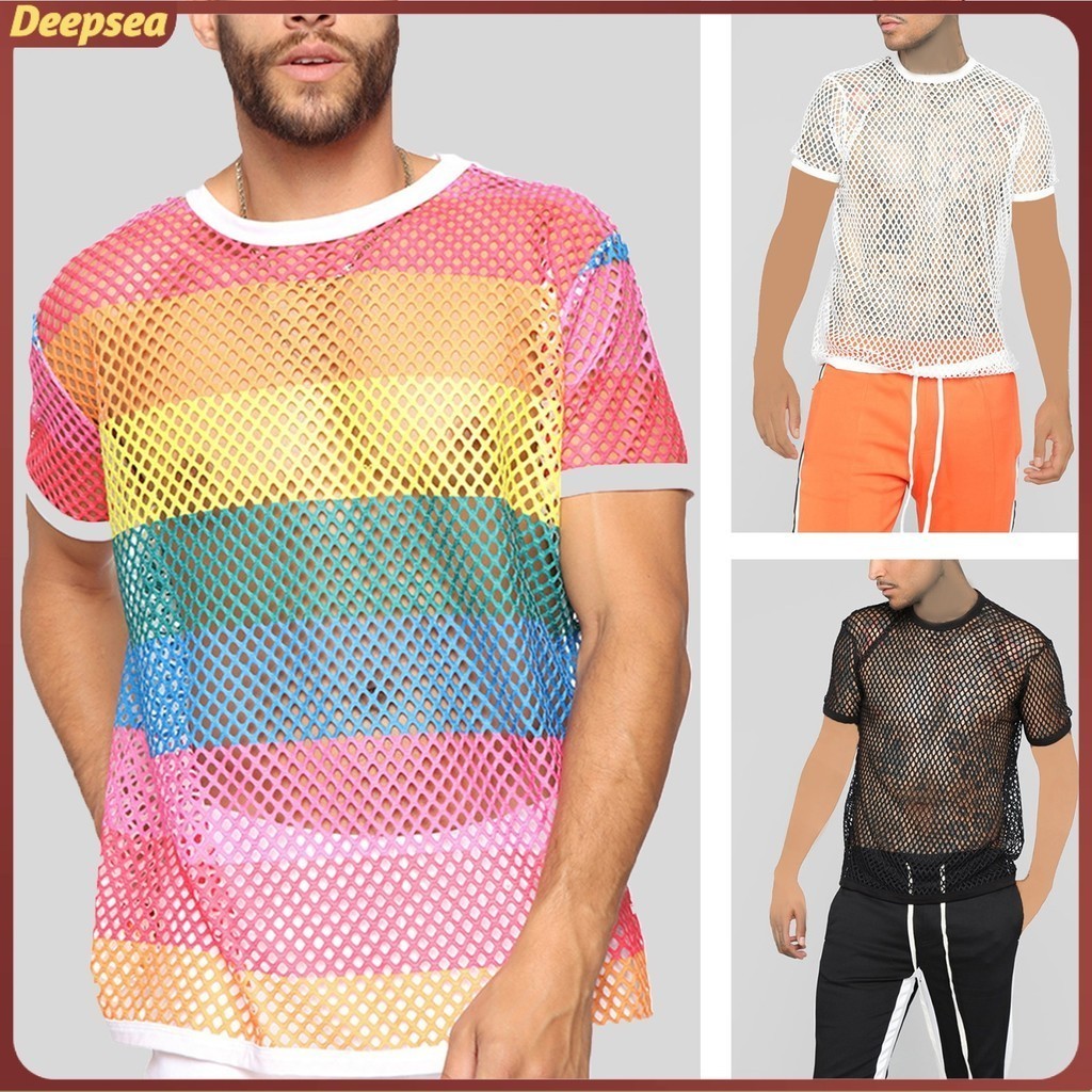 [DPA] Men Top Clubwear Hollow Out Color Fishnet Block Round Neck Short ...