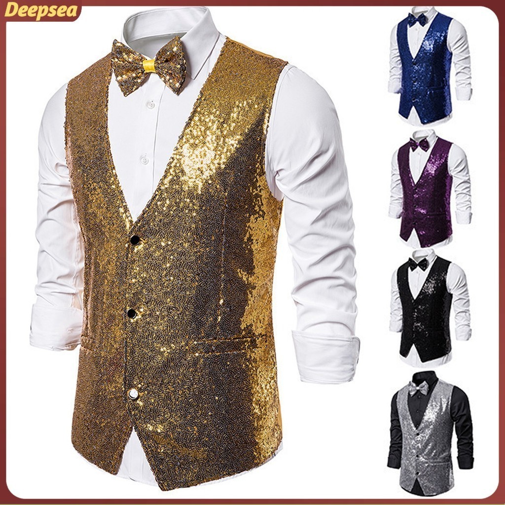 [deepsea] CZ Men Polyester Suit Vest Polyester Vest with Sequined Tie ...