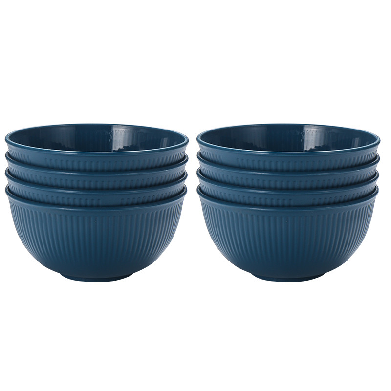 4/8pcs Dark blue vertical grain bowl reusable household plastic bowl ...