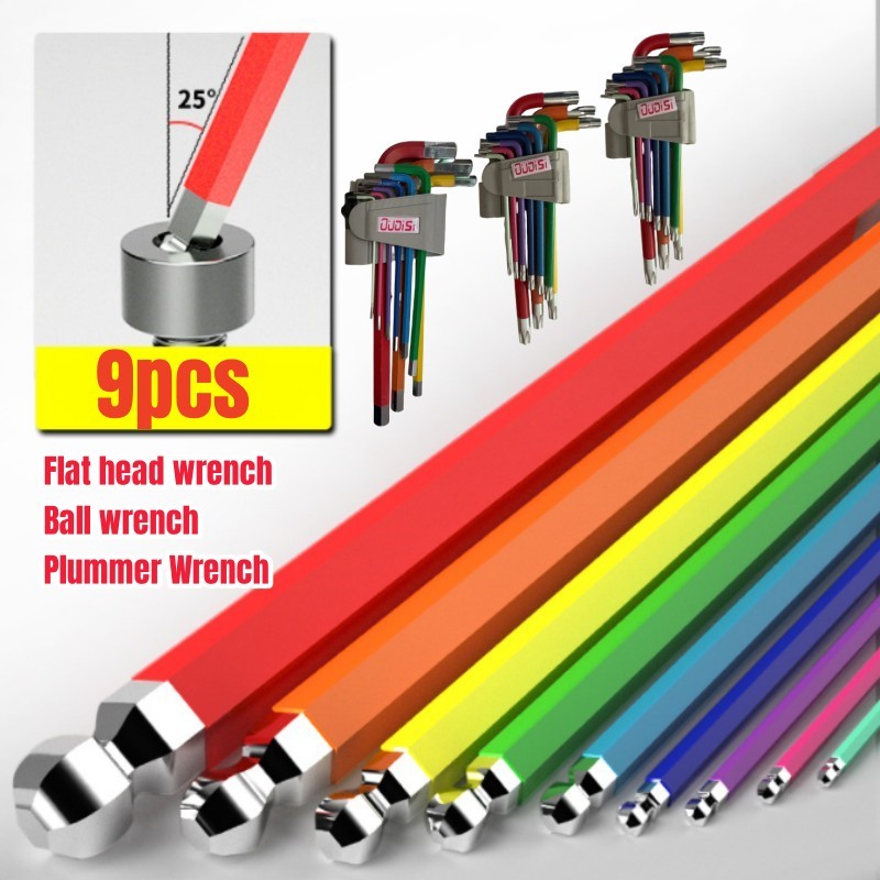 9Pcs Color Coded Ball-End Extended Hex Allen Key L Wrench Set Torque Long Metric With Sleeve ...