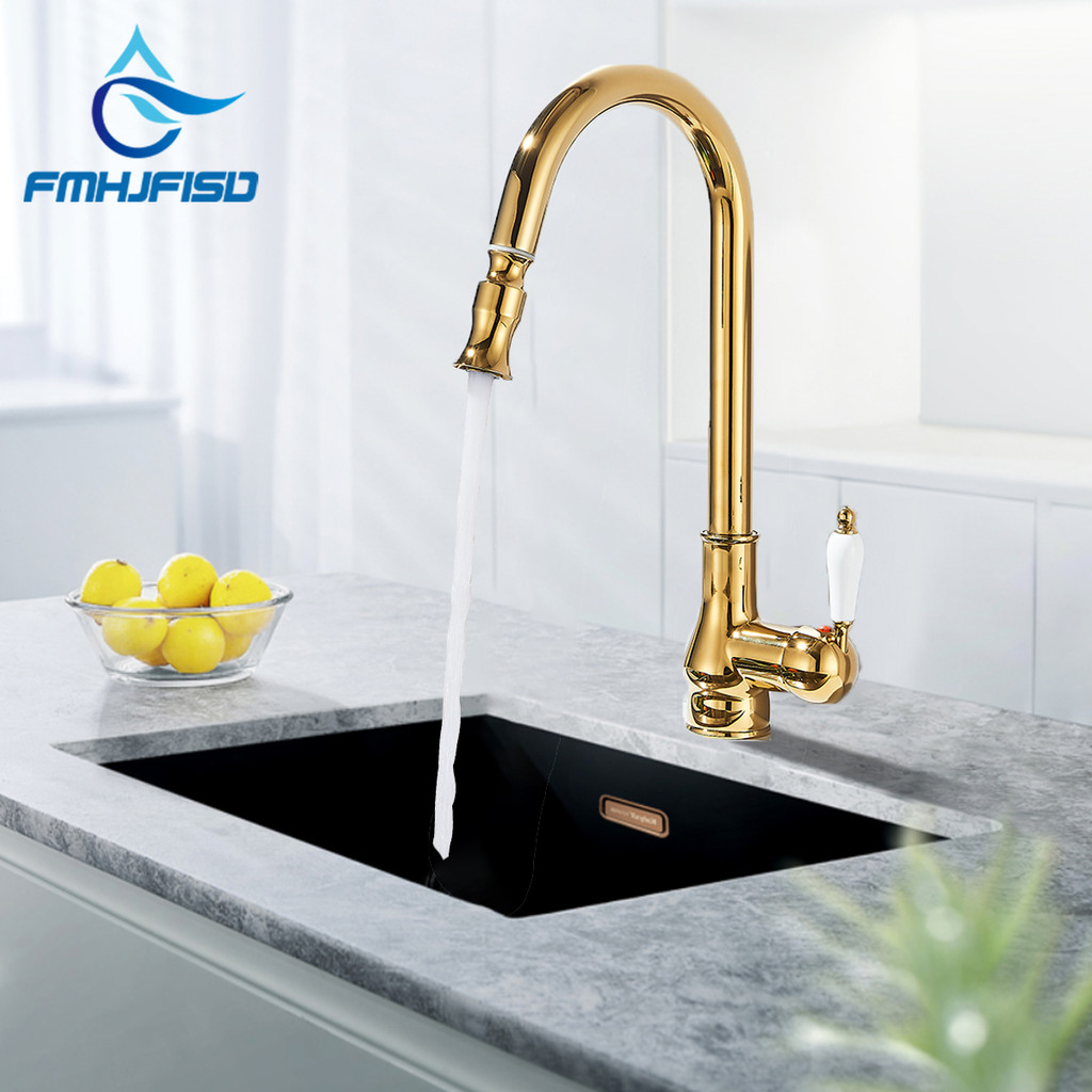 FMHJFISD Golden Kitchen Faucet Pull Out Spout Ceramic handle Hot Cold ...