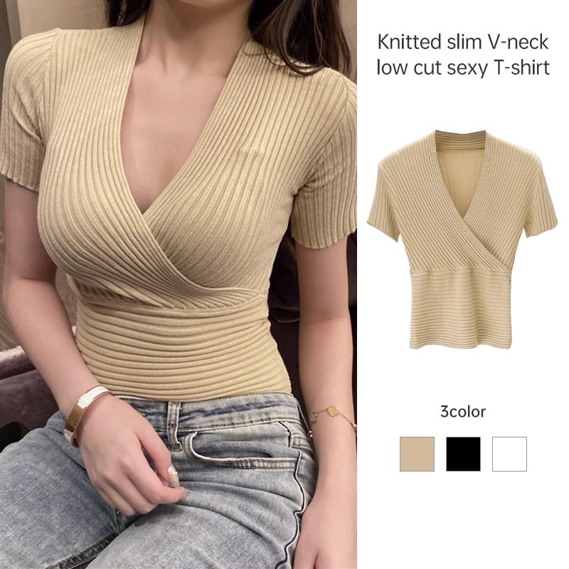 Sexy Cross-over Collar Short Sleeve T-shirt Slim V-neck Low Cut Top ...