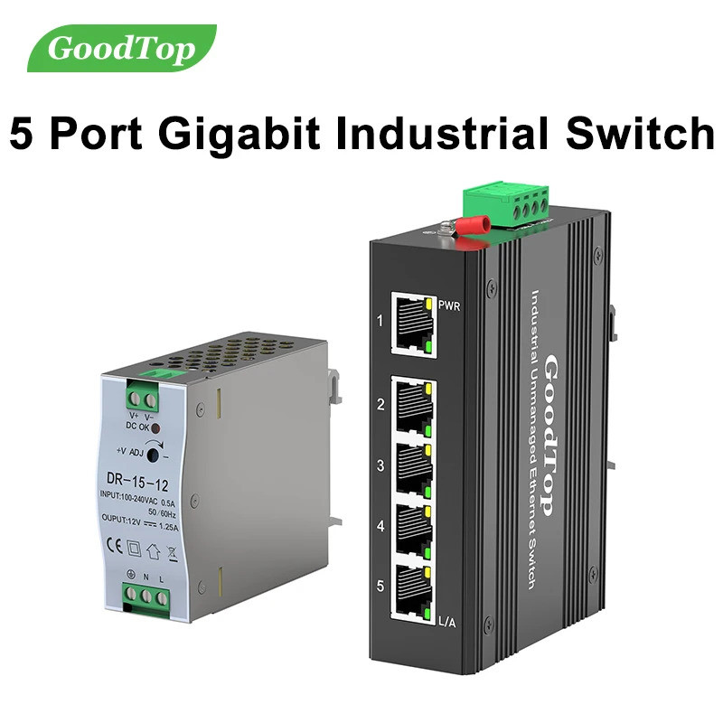 GoodTop 5 Port Gigabit Unmanaged Industrial Switch with DIN Rail 15W ...