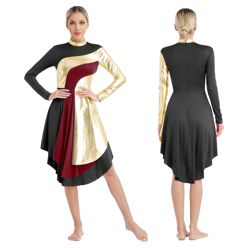 Yhong Womens Liturgical Praise Lyrical Dance Dress Long Sleeve Metallic Church Worship Outfit ...
