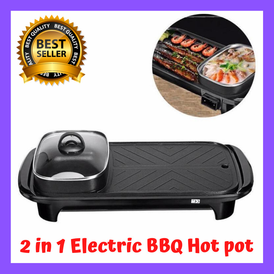 2 in1 Electric BBQ Griller with Shabu Shabu Hotpot Non-Stick Coating ...