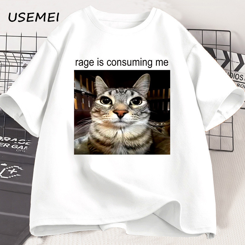 Rage Is Consuming Me Silly Staring Cat Meme Tee Shirt Casual Cotton Short Sleeve T-shirts Men ...