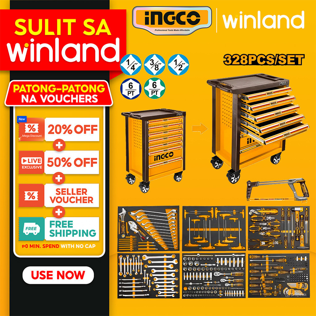 Ingco by Winland (328pcs Tool Chest Set) Roller Cabinet with 7pcs ...