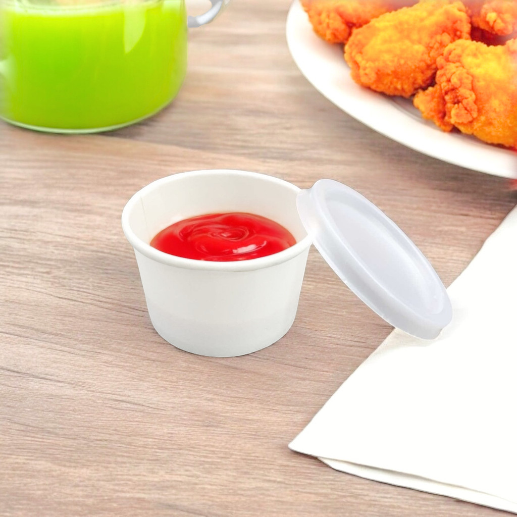 50pcs/100pcs 2oz Disposable White Paper Sauce Cup with Plastic Lid ...
