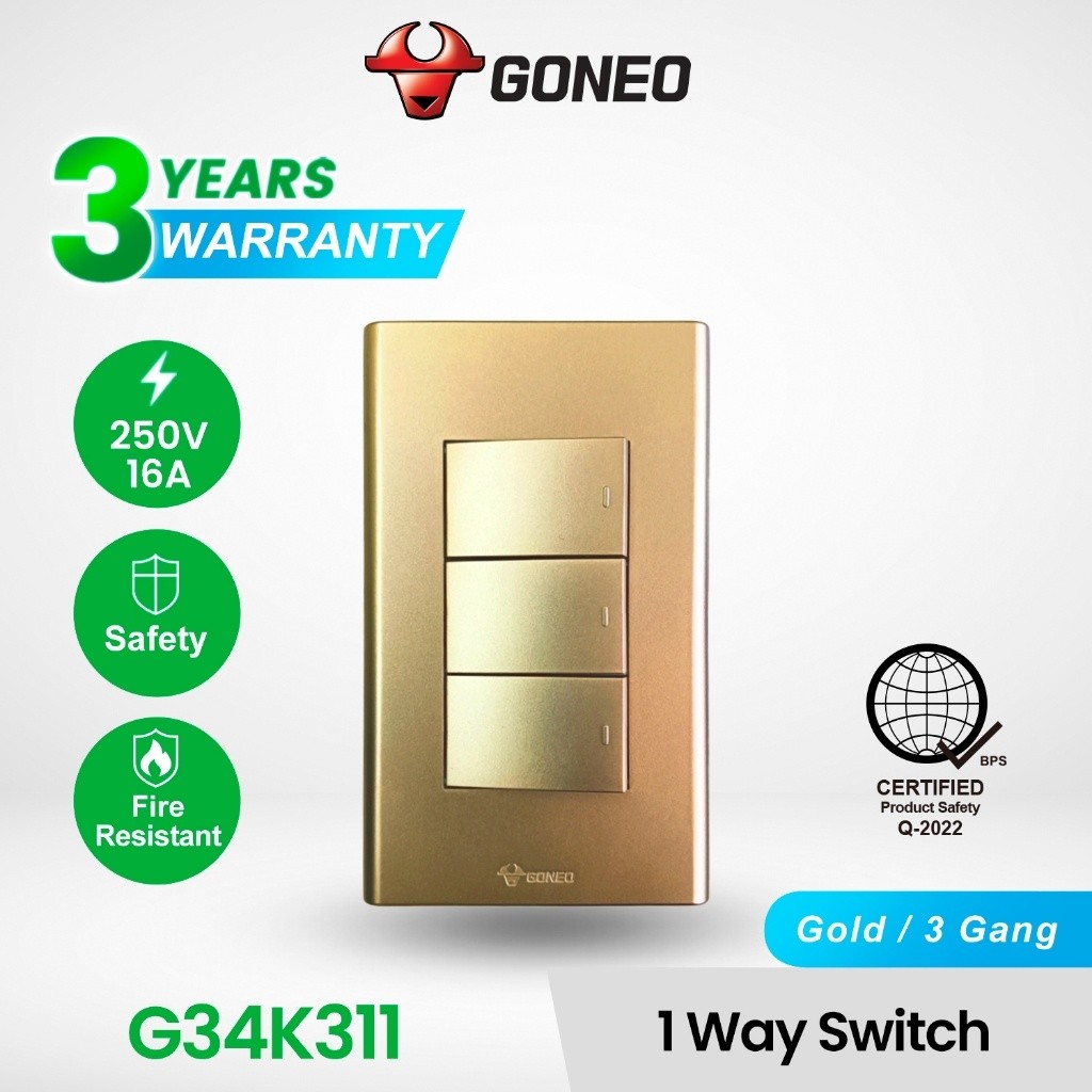 GONEO 3 Gang 1 way Switch 16A with High Power Rating Topas Gold ...