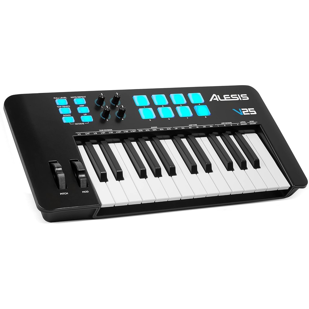 Alesis Usb Midi Keyboard Controller With 25 Key Velocity 8 Drum Pads With Full Level Mode