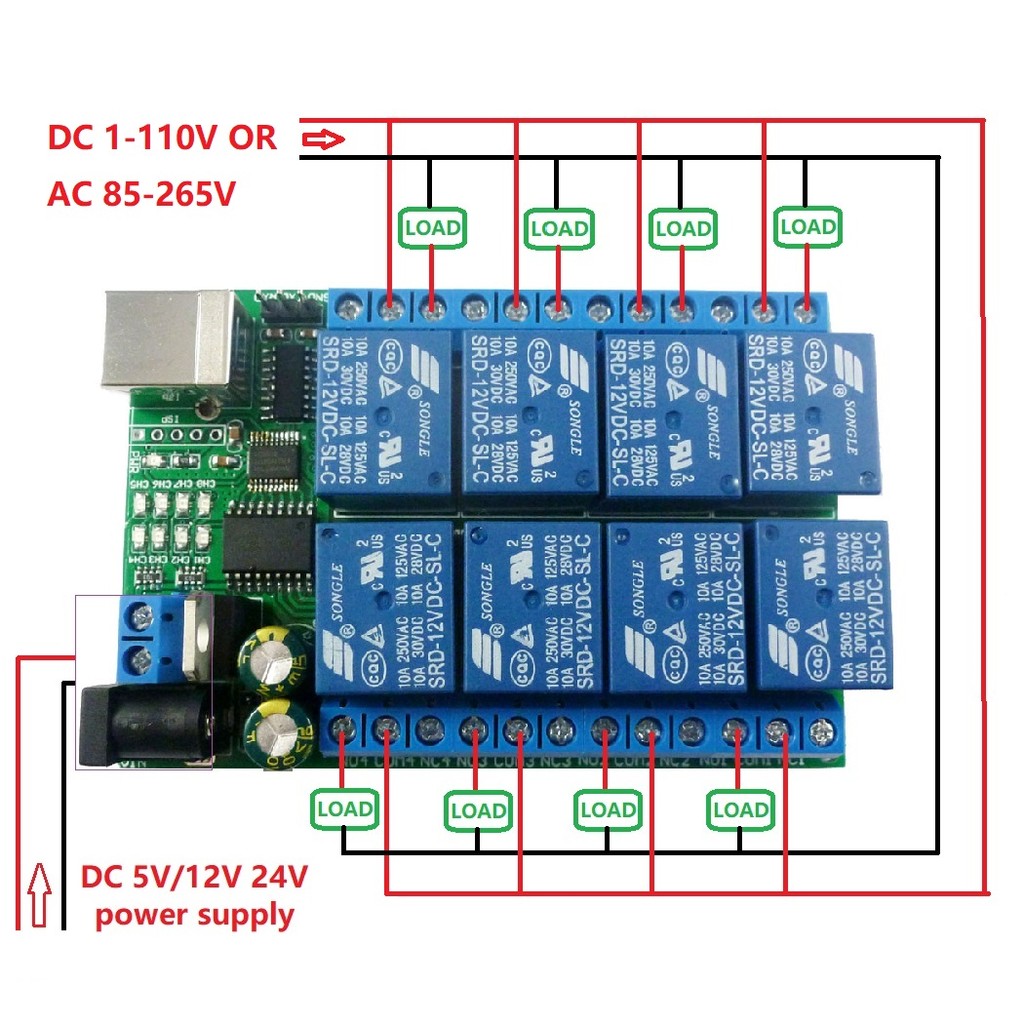 ☁2 in 1 DC 5V 12V 24V 8ch USB Serial Port Relay Module UART RS232 TTL ...