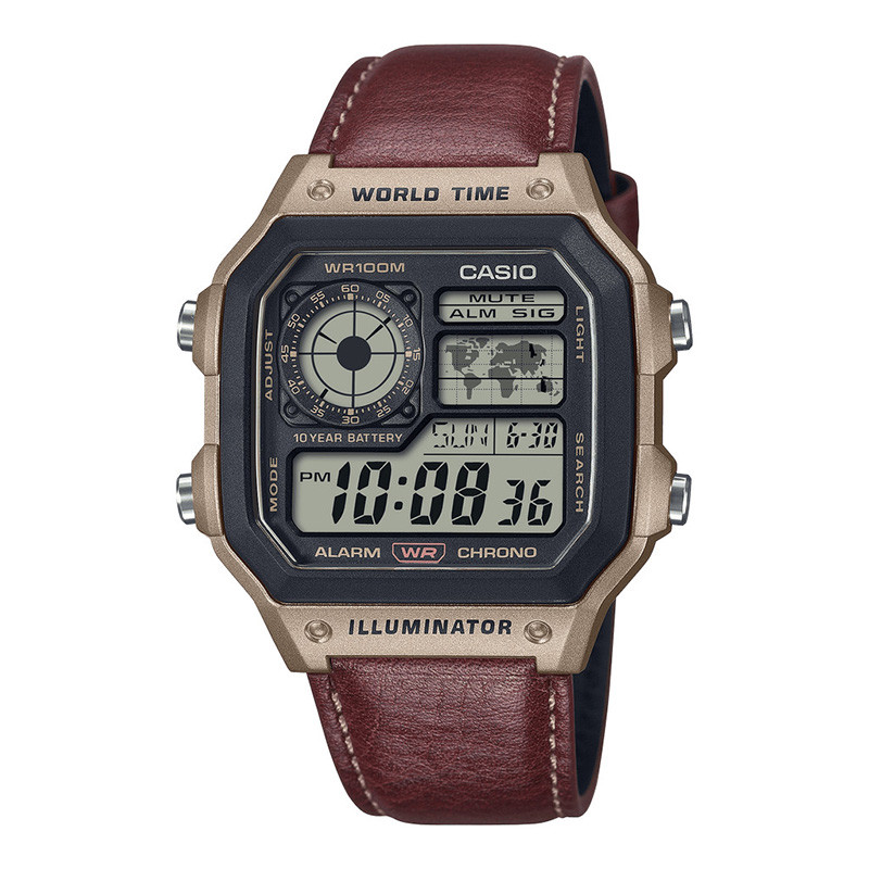 Casio (AE-1200WHL-5AVDF) Brown Leather Strap 100 Meter World Time ...