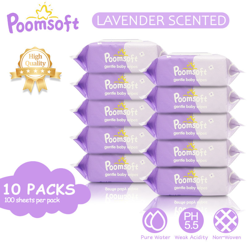 Poomsoft 10 Packs x 100 Sheet Baby Wipes Lavender Scent Gentle Alcohol ...