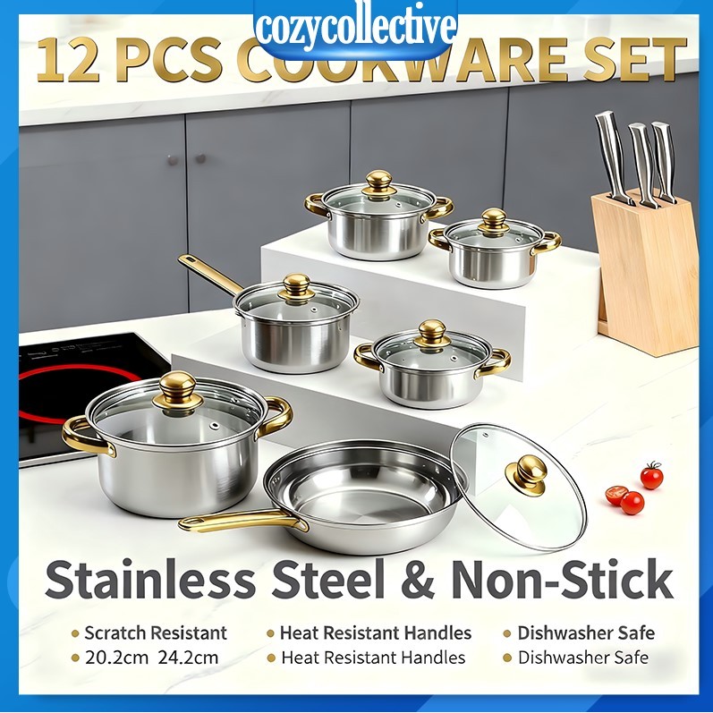 12 PCS Cookware Set Stainless Steels Casserole Kitchenware Non Stick ...