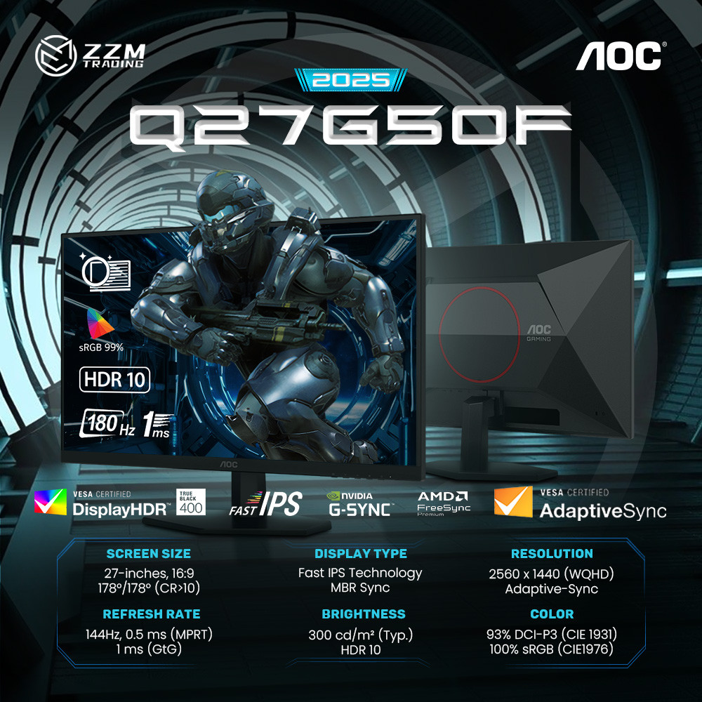 AOC Q27G50F 27" Gaming Monitor 144Hz Fast IPS 2K QHD 1ms HDR10 Adaptive ...