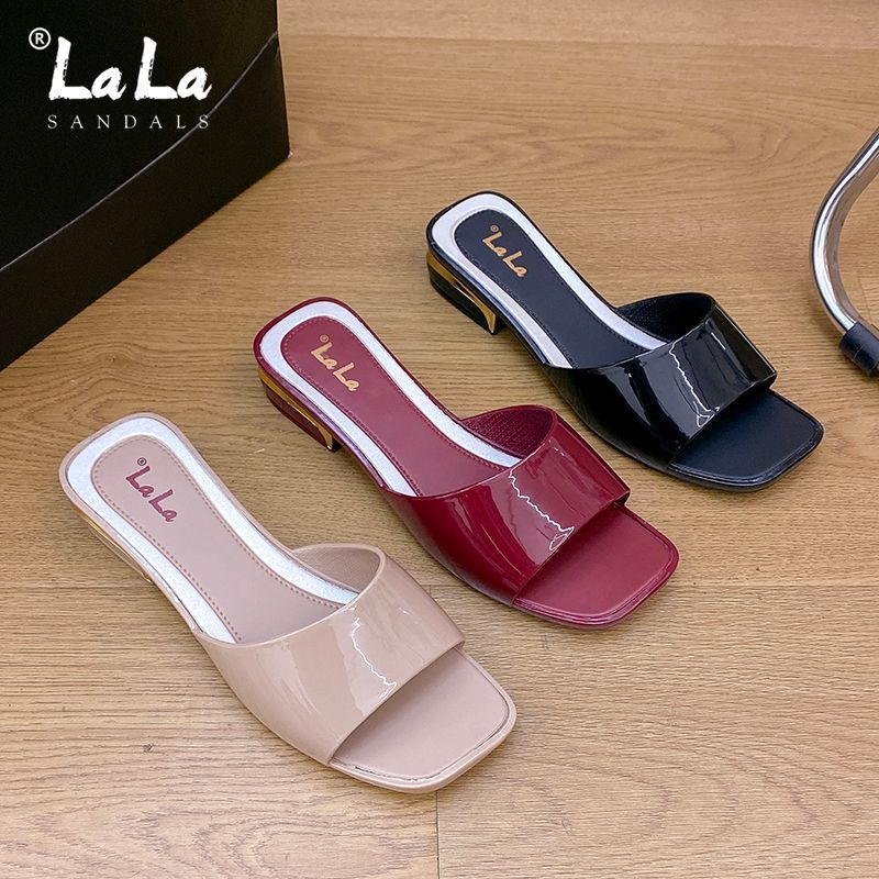 LALA Heels One Strap Sandals Casual French Square Toe Rubber Block ...