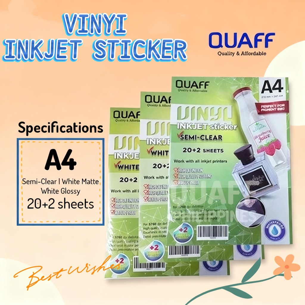 QUAFF (Waterproof) Vinyl Inkjet Sticker A4 (White matte 22 sheets ...